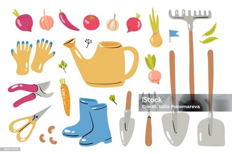 원예 도구와 야채세트 식물의 관리 및 재배 농장 심기 장비 급수 캔 장갑 고무 부츠 삽 레이크 Pruner 가위 플랫 스타일의 벡터 일러스트레이션 0명에 대한 스톡 벡터