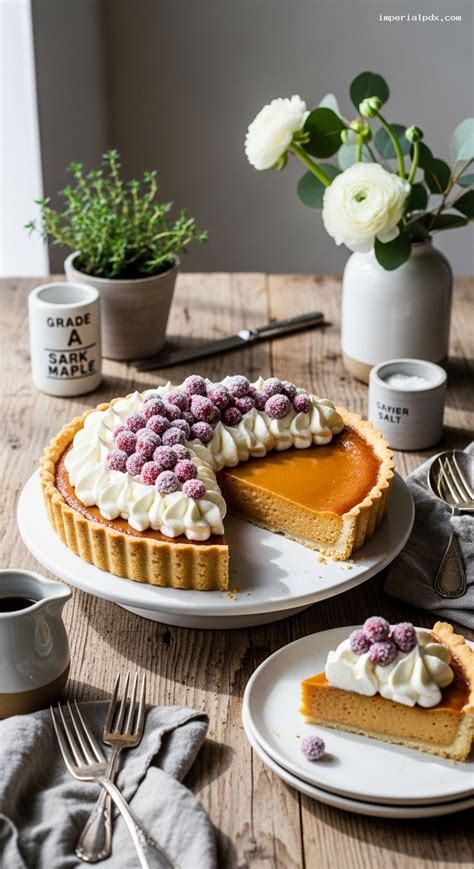 Maple Custard Tart With Whipped Cream And Sugared Cranberries