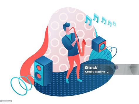 Saxophonist 연주 튜 바 색소폰 3d 아이소메트릭 벡터 일러스트 레이 션 남자 연주 악기 재즈 페스티벌 콘서트 쇼 포스터 템플릿 색상 아이콘 3차원 형태에 대한