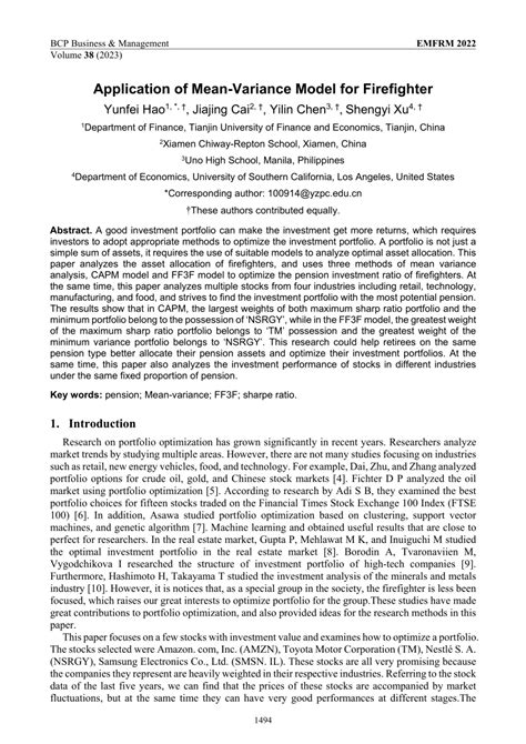 Pdf Application Of Mean Variance Model For Firefighter