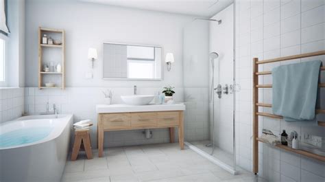 Inneneinrichtung Eines Modernen Luxuriösen Badezimmers Im Scandi Stil Mit Fenster Und Weißen