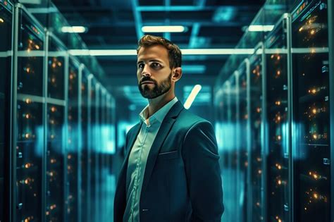 Premium Ai Image Data Center Engineer Young Man Holding Digital Tablet Standing By