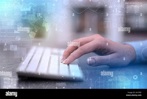 Business Woman Hand Typing On Keyboard With International System