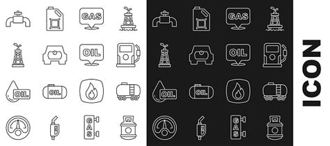 세트 라인 프로판 가스 탱크 석유 철도 시스터른 가솔린 또는 역 위치 및 차량 장비 금속 파이프 밸브 및 워드 오일 아이콘에