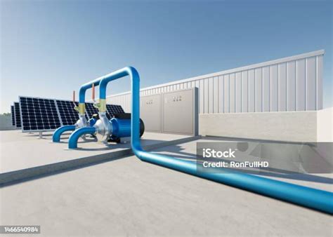 옥상 공장에 있는 물 펌프 스테이션의 3d 렌더링 원심 펌프 전기 모터 파이프 라인 밸브 태양 전지 패널 및 컨트롤 박스를