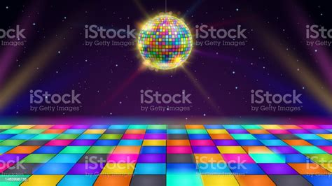 디스코 댄스 플로어 Led 사각형 그리드 빛나는 바닥 디스코 공 별이 빛나는 밤하늘 벡터 배경 그림이 있는 복고풍 파티 장면