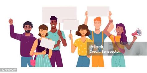 항의 플래카드와 배너를 들고 손에 표지판을 들고 벡터 플랫 만화를 가진 사람들 파업 시위 또는 빈 배너 플래카드와 메가폰으로 표현에 성난 시위대와 활동가 사람들에 대한 스톡