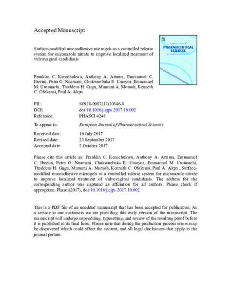 Pdf Surface Modified Mucoadhesive Microgels As A Controlled Release System For Miconazole