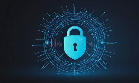 blue lock symbol with keyhole is surrounded by digital interface blue lines and dots