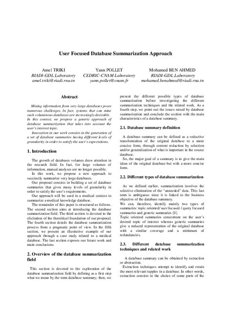 Pdf User Focused Database Summarization Approach