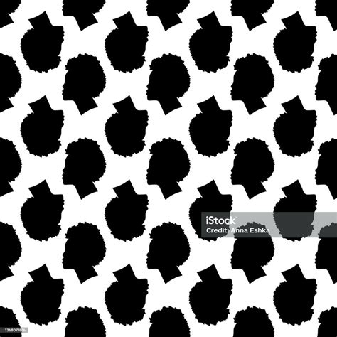 블랙 여성 실루엣 얼굴 프로필 비네팅 프로필에 아프로 여자 흰색 배경에 손으로 그린 벡터 원활한 패턴 초대장 인사말 카드 빈티지 스타일 디자인 개체 그룹에 대한 스톡 벡터