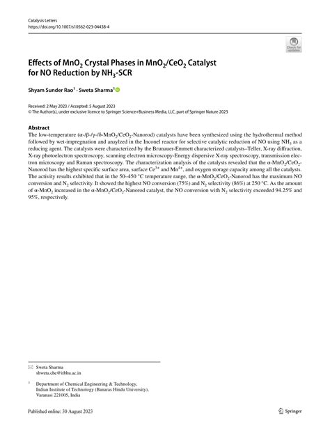 Pdf Effects Of Mno2 Crystal Phases In Mno2 Ceo2 Catalyst For No Reduction By Nh3 Scr
