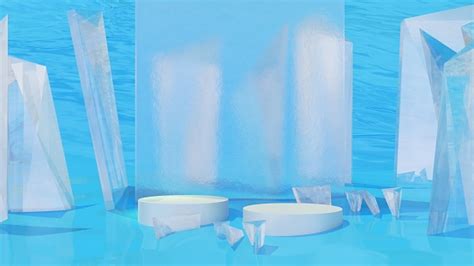 2인용 3d 장면 물 속의 젖빛 유리 아치 뒤에 흐릿한 크리스탈 기둥이 있는 제품 디스플레이 연단 여름 제품 쿨링 아이템 화장품 차가운 음식 겨울 아이템을 위한 수중 장면