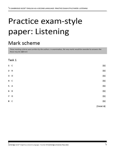 Igcse Esl 6ed Tr Practice Exam Style Listening Marking Scheme Pdf