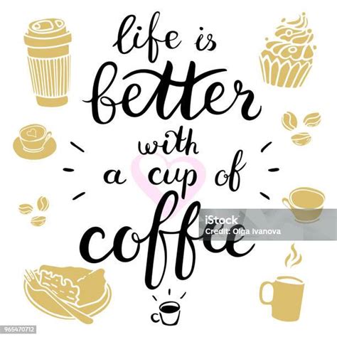 인생은 커피 한 잔 더 가 서 커피입니다 손으로 그린 글자와 벡터 일러스트입니다 브러시 서 예 개념에 대한 스톡 벡터 아트 및