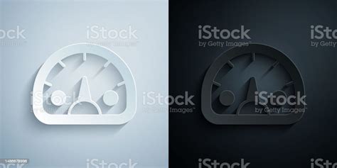 종이 컷 속도계 아이콘은 회색과 검은색 배경에 분리되어 있습니다 종이 아트 스타일 벡터 3차원 형태에 대한 스톡 벡터 아트 및 기타 이미지 3차원 형태 개념 계기판