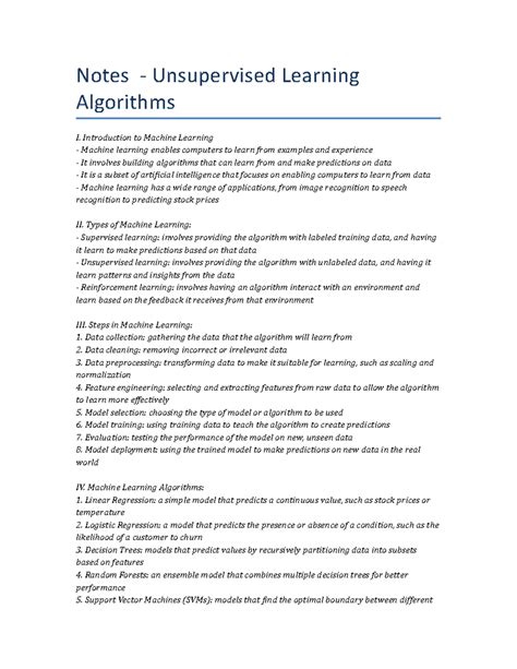 Lecture Notes Unsupervised Learning Algorithms Notes Unsupervised Learning Algorithms I
