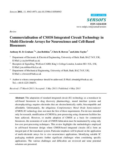 Pdf Commercialisation Of Cmos Integrated Circuit Technology In Multi Electrode Arrays For