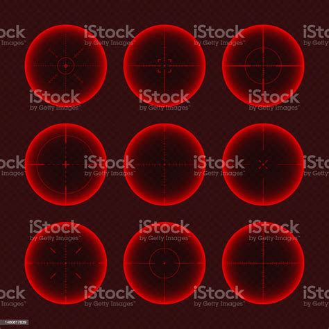 다양한 무기 열 적외선 광경 저격 소총 광학 범위 십자선이 있는 사냥용 총 뷰파인더 조준 사격 마크 기호 군사 표적 기호입니다 게임 Ui 요소입니다 벡터 그림 감시에 대한