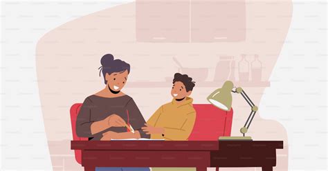 엄마와 어린 아이는 집에서 함께 숙제를 배운다 부모와 자식 캐릭터는 책상에 앉아 수업을 공부하고 배우고 책을 읽고 수업을 준비합니다 만화 사람들 벡터 일러스트레이션