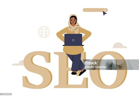 Seo 개념 타이포그래피에 노트북을 가진 무슬림 여성 플랫 벡터 일러스트 레이 션 상징 검색 엔진 최적화 디지털 마케팅 및 웹 사이트 성능 흰색 배경에 고립 개념에 대한