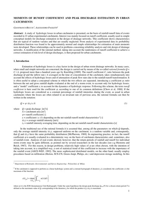 PDF Moments Of Runoff Coefficient And Peak Discharge Estimation In Urban Catchments