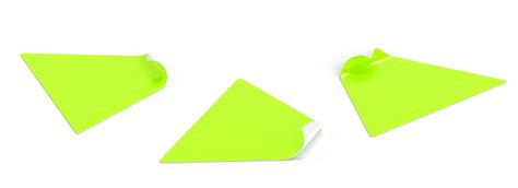 모서리가 벗겨진 녹색 종이 스티커 접착 라벨 또는 가격표 3d 렌더링 빈 삼각형 배지의 현실적인 세트 흰색 배경에 격리된 플립 가장자리가 있는 스티커 메모 0명에 대한 스톡