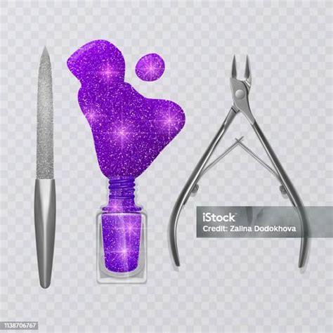 매니큐어 도구 보라색 매니큐어 손톱 파일 및 현실적인 큐티 클 리무버이 발기와 벡터 일러스트 레이 션 가락뼈에 대한 스톡 벡터 아트 및 기타 이미지 Istock