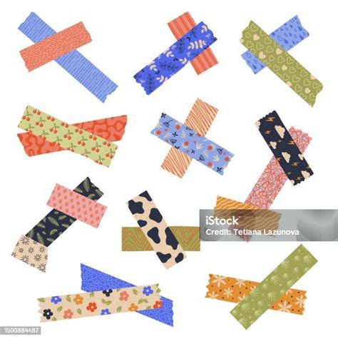 장식용 교차 테이프 접착 줄무늬가 있는 끈적끈적한 찢어진 종이 라벨 스크랩북 및 포장용 찢어진 종이 스티커 최소한의 디자인 벡터 세트 다중 색상에 대한 스톡 벡터 아트 및