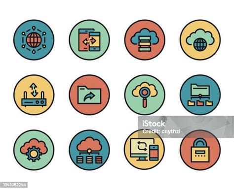 클라우드 컴퓨팅의 라인 아이콘 세트입니다 현대 컬러 플랫 디자인 선형 그림 컬렉션입니다 스트로크 기호 팩의 벡터 개념을 설명