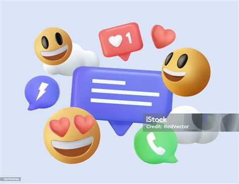3d 소셜 미디어 플랫폼 온라인 소셜 커뮤니케이션 애플리케이션 개념 이모티콘 하트 밝은 파란색 배경에서 채팅 3차원 형태에 대한 스톡 벡터 아트 및 기타 이미지 Istock