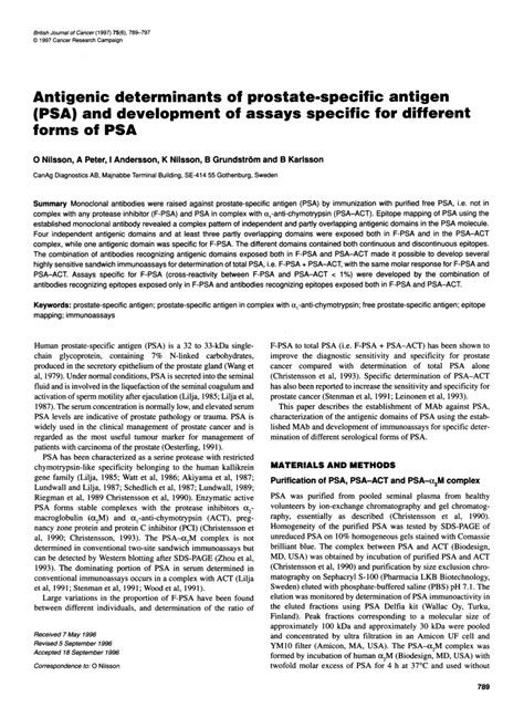 Pdf Antigenic Determinants Of Prostate Specific Antigen Psa And Development Of Assays