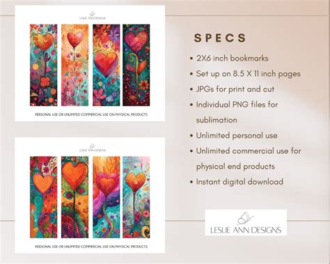 Cute Whimsical Heart Printable Bookmarks 8 Quirky Cute Bookmarks Png Pdf  Digtal Bookmark