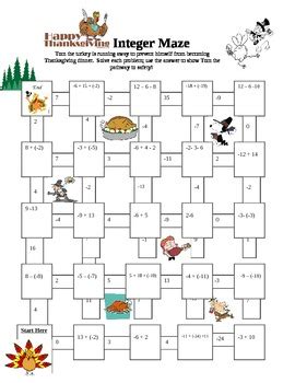 Thanksgiving Integer Maze By Amber Wimberly Teachers Pay Teachers