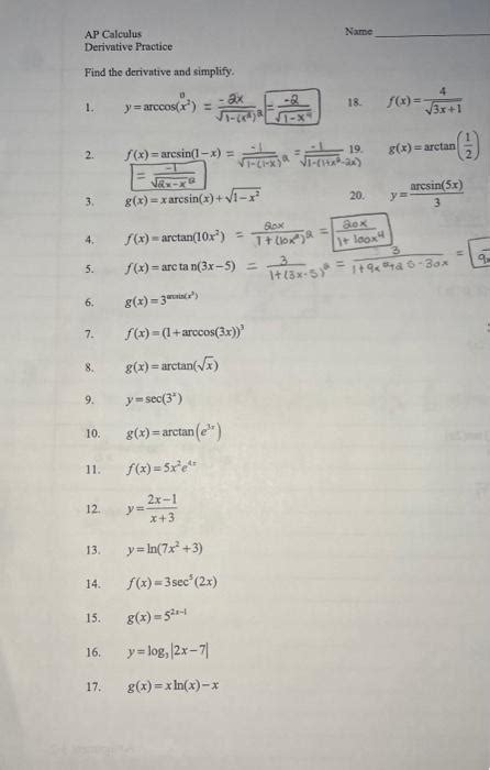 Solved Name AP Calculus Derivative Practice Find The Chegg Com
