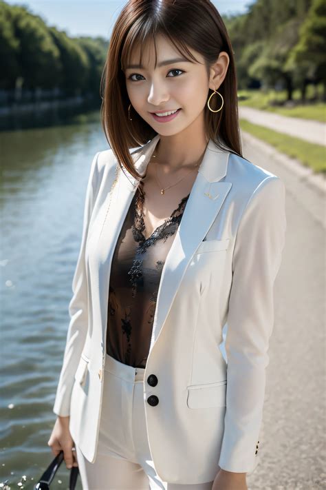 하얀 양복을 입은 여자가 물 옆에 서 있다 Seaart Ai