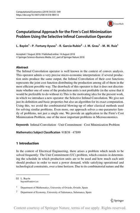Computational Approach For The Firms Cost Minimization Problem Using The Selective Infimal