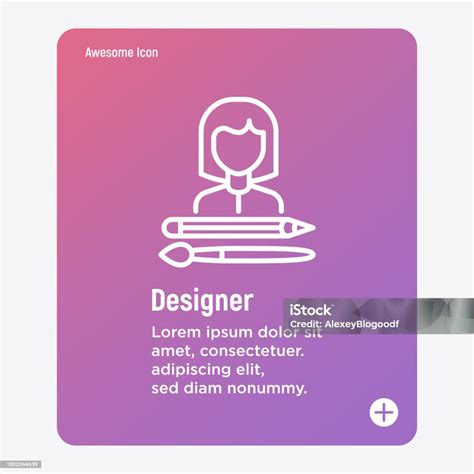 디자이너 일러스트레이터 아티스트 얇은 라인 아이콘 창조적 인 사람 아바타 연필과 브러시를 가진 소녀 벡터 그림입니다 가구에 대한