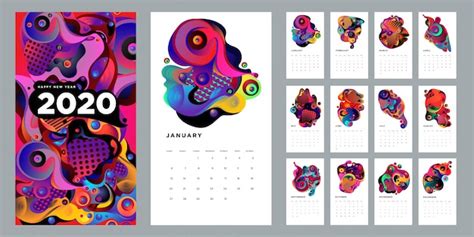 Modelo De Design De Calendário 2020 Com Líquido Abstrato Colorido E Fundo Geométrico Vetor Premium