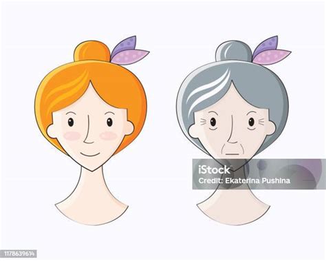 노화 과정 전후 젊은 노인과 노인의 개념적 그림 노화와 회춘의 과정 삶의 노화 다른 연령대의 여성의 얼굴 흰색 배경에 격리된 벡터 그림입니다 개념에 대한 스톡 벡터 아트 및