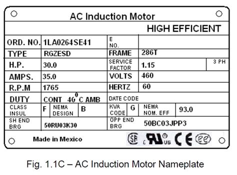 Power Systems Loss Electric Motor Nameplate Specifications