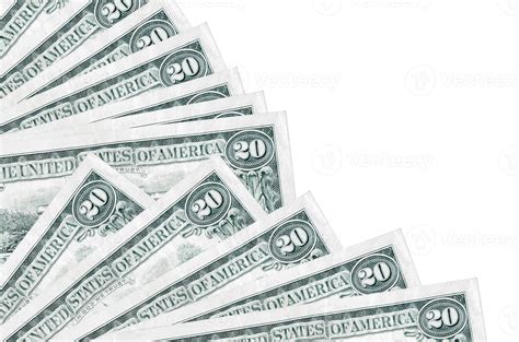 20 Us Dollars Bills Lies Isolated On White Background With Copy Space