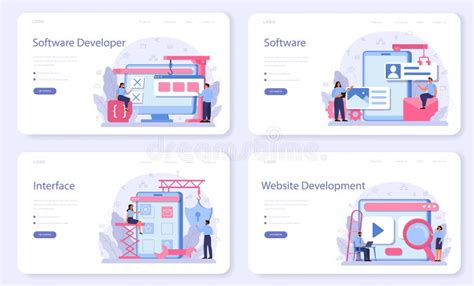 Software Developer Web Banner Or Landing Page Set Idea Of Programming