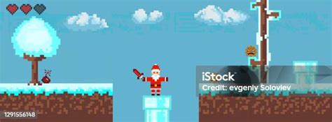 컴퓨터 픽셀 게임 인터페이스 산타 클로스 캐릭터 8 비트 보기 비디오 게임에서 영웅 전투 눈이 있는 픽셀 겨울 2차 도형에 대한 스톡 벡터 아트 및 기타 이미지 Istock
