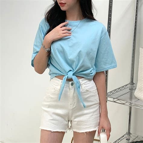 아이엠미키 무지트임 크롭티셔츠리본끈묶음리본티셔츠리본크롭티숏기장짧은기장크롭반팔티무지라운드넥유니크소라색화이트흰색