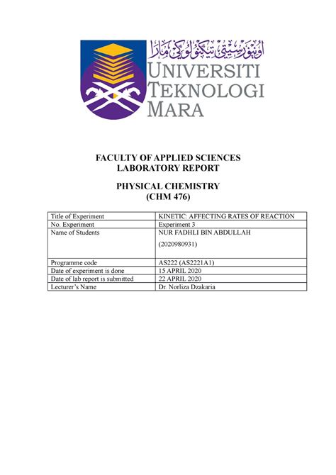 Lab Report Rates OF Reaction FACULTY OF APPLIED SCIENCES LABORATORY REPORT PHYSICAL CHEMISTRY