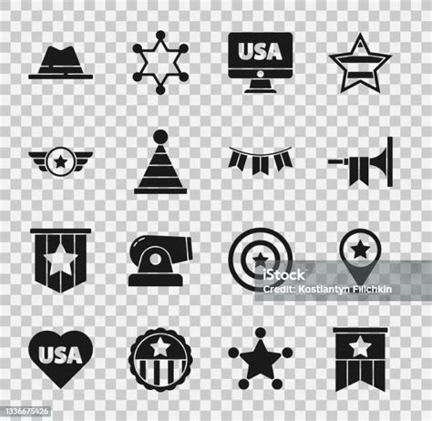 미국 국기 미국 독립 기념일 트럼펫 모니터 파티 모자 스타 밀리터리 리본과 카니발 화환 플래그 아이콘남자 벡터 검은색에 대한 스톡 벡터 아트 및 기타 이미지 Istock