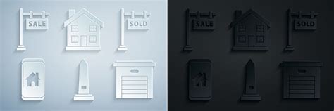 워싱턴 기념비 텍스트 판매 휴대 전화 스마트 홈 차고 홈 기호 및 판매 아이콘과 함께 매달린 표지판을 설정합니다 벡터 3차원 형태에 대한 스톡 벡터 아트 및 기타 이미지
