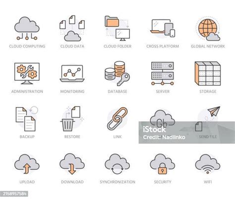 클라우드 데이터 스토리지 라인 아이콘 세트 데이터베이스 정보 저장 서버 센터 글로벌 네트워크 백업 벡터 일러스트레이션 다운로드 기술은 얇은 징후입니다 오렌지 색상 편집
