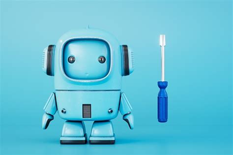 Robot Melakukan Tugastugas Kecil Di Sekitar Rumah Robot Dan Obeng Dengan Latar Belakang Biru
